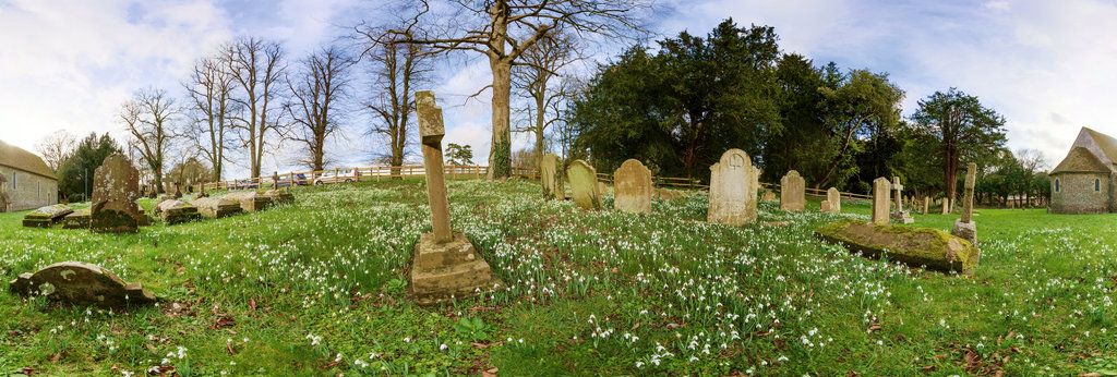Snowdrops covered churchyard, St Botolph's Church, Swyncombe, UK 360 ...